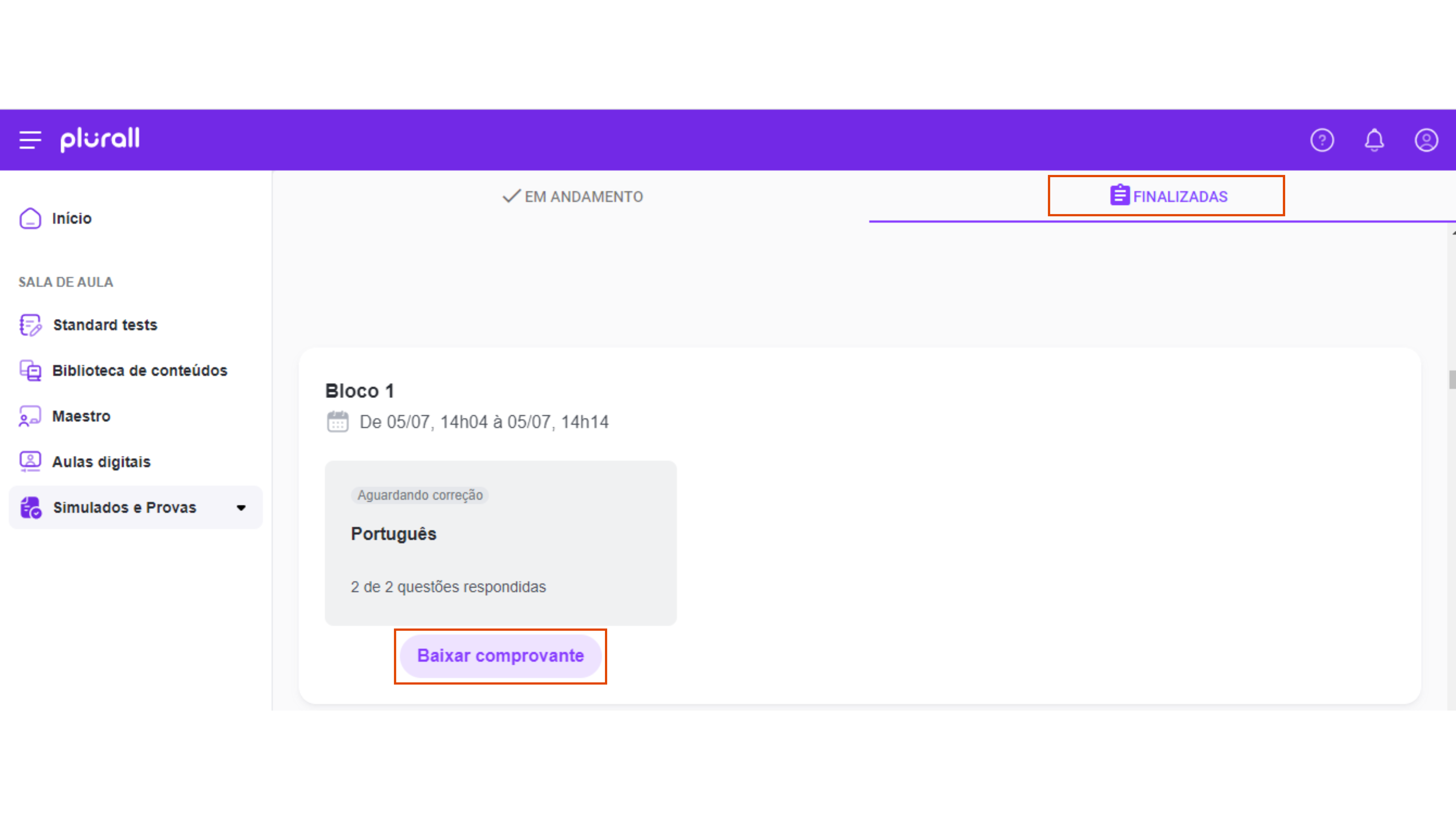 Como baixar o comprovante de envio de provas – Central de ajuda do Plurall